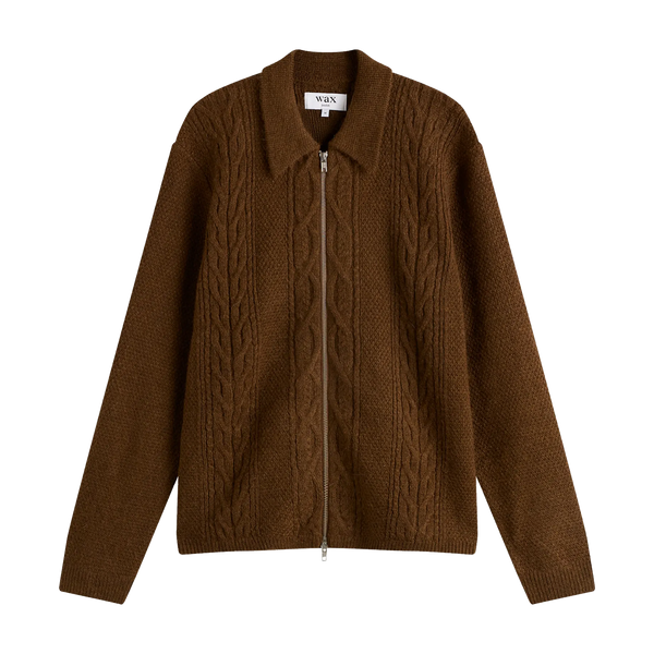 Wax London Friar - Brown Brush Cable Knit Zip Cardigan – Stomping Ground
